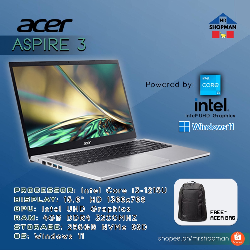 Acer Aspire 3 Intel Core I3 1215u 156 4gb Ddr4 256gb Nvme A315 59 30al Laptop Shopee