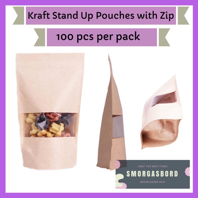100 Pcs Kraft Stand Up Resealable Pouches With Window Shopee Philippines