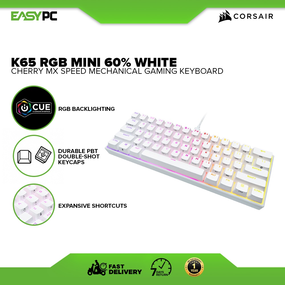 Corsair K65 RGB MINI 60% White Mechanical Gaming Keyboard -Cherry MX ...