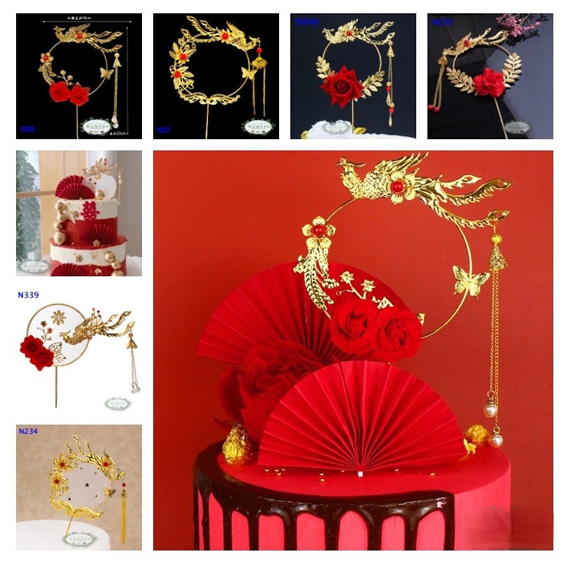 Chinese style Gold Iron Art Phoenix Cake Decoration Set Rose butterfly ...