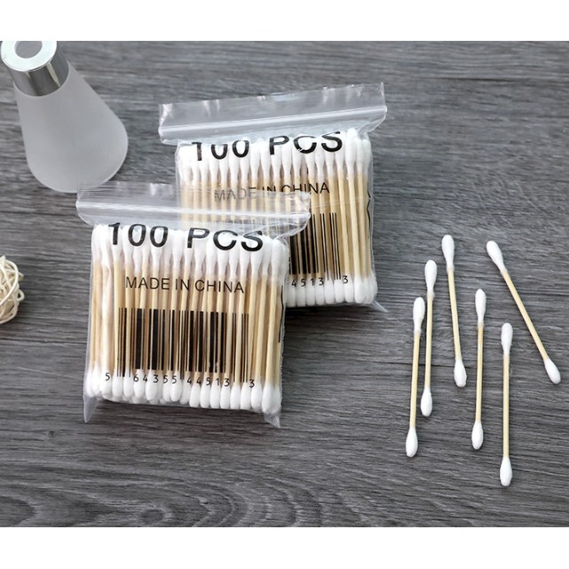 100Pcs/Pack Cotton Swabs Bamboo Stick White with Plastic Wrapper Eco ...