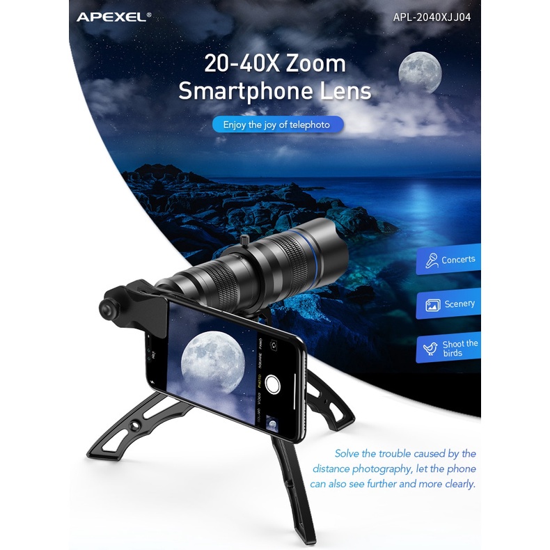 APEXEL 20X-40X Adjustable Zoom Telescope Lens Phone Camera Telephoto ...