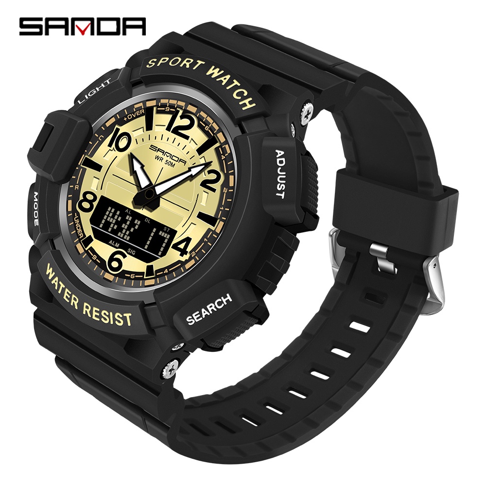Sanda Multifunctional Dual Display Waterproof Chronograph Calendar Alarm Quartz Watch Casual ...