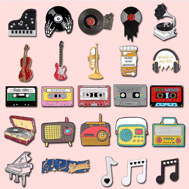 Music Tape Lapel Brooches Pins Musical Instrument Piano Guitar Radio ...