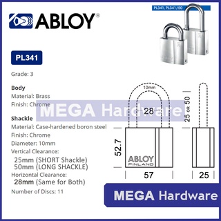 Abloy Original Padlock Heavy Duty PL330/50 or PL 330/25 or PL341/50 or PL 341/25 (FINLAND) PL320 ...