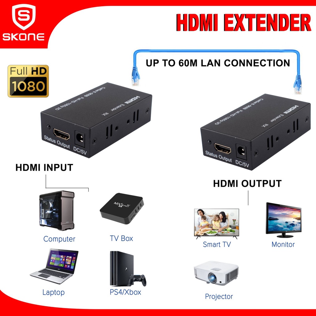 HDMI Extender 60M Extension CAT5e/6 1080P Full HD Signal with Deep ...