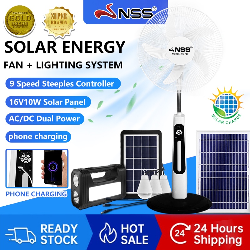 NSS Solar Electric Fan Rechargeable 16" Fan+16W Panel AC/DC Dual Power ...