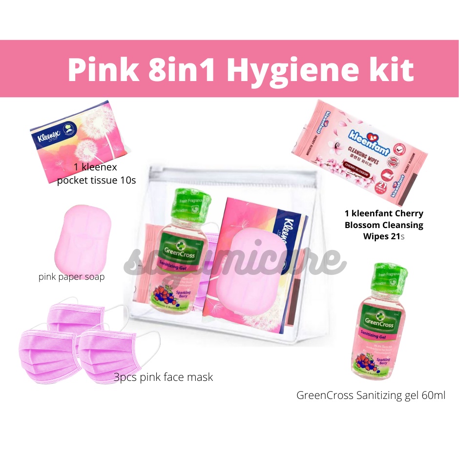 Pink 8in1 Hygiene Kit Wipes/Face Mask/Sanitizer/Pouch/Tissue/Soap ...