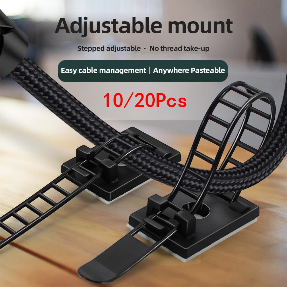 10/20 Pcs Adjustable Self-Adhesive Nylon Black Cable Ties, Cable Clamps ...