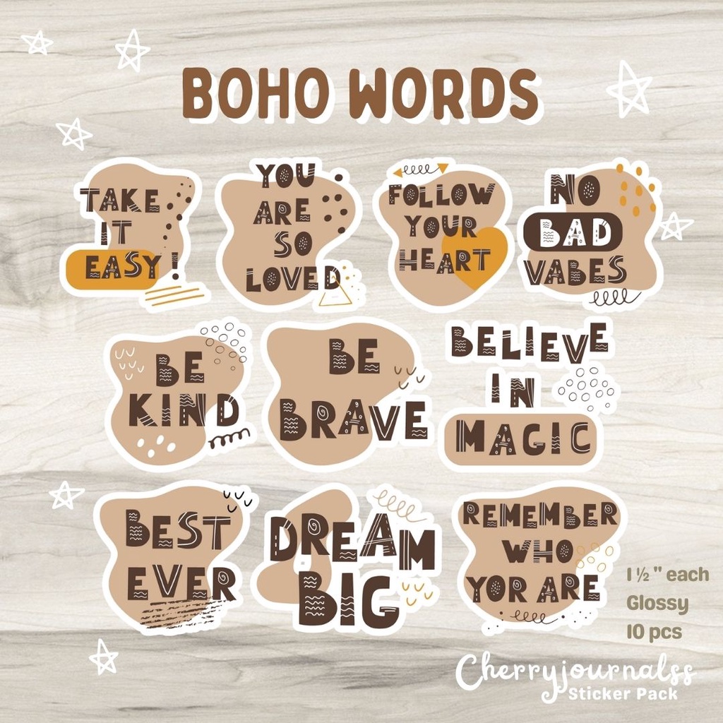 Boho Style Words Glossy Sticker Pack 10pcs for Journal Planner Bujo ...