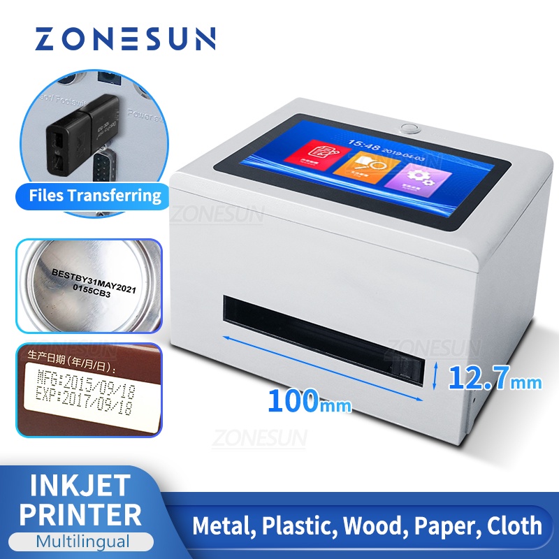 ZONESUN ZS-TIP127 Tabletop Inkjet Printer Portable 12.7mm QR Barcode Batch Expiry Date Serial ...