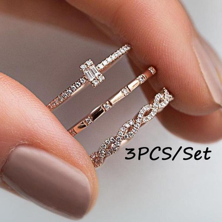 3PC Charm Ring Set Crystal Thin Stackable European Fashion Twisted for ...