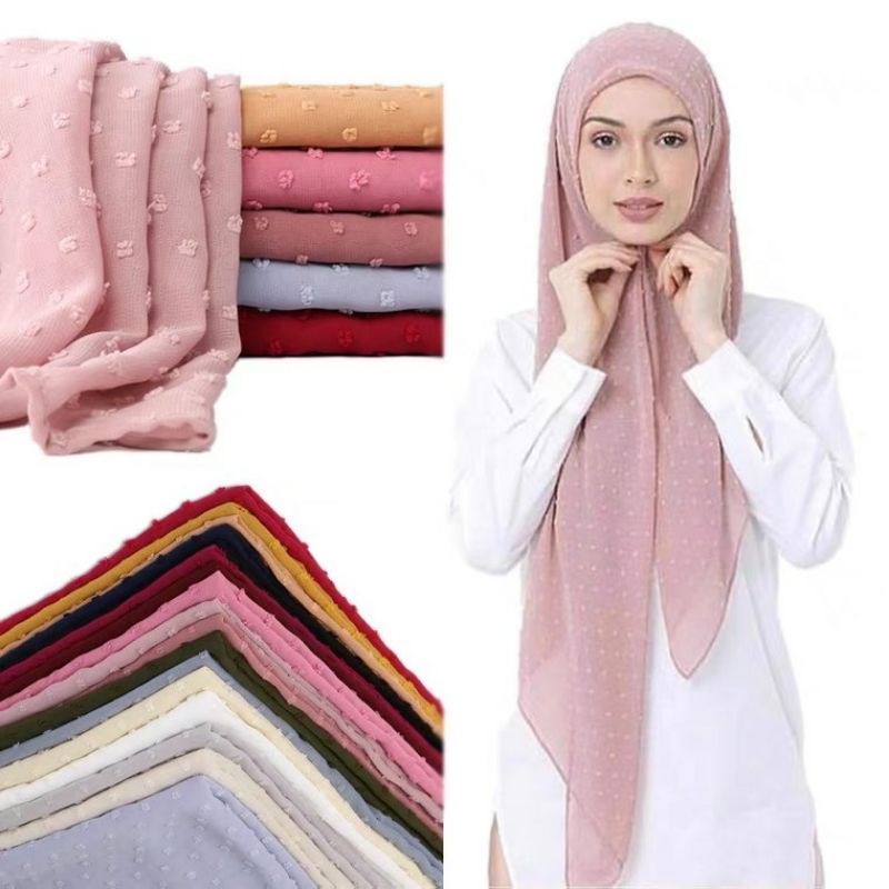 Luxury Pom Pom Plain Bubble Chiffon Hijab Scarf Women Long Shawl Wrap