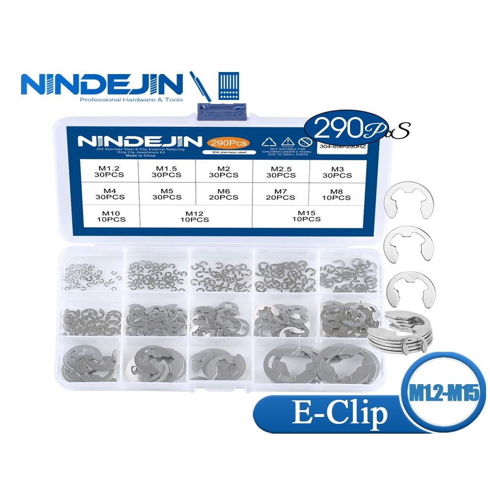 NINDEJIN 290Pcs/Set E Clip Circlip Washer Assortment Kit 304 Stainless ...