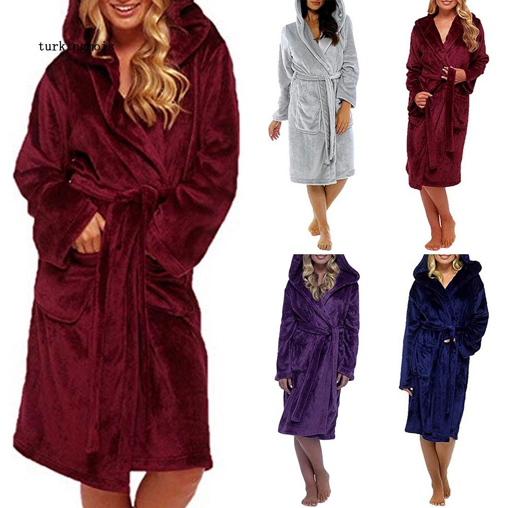 Tk-Plus Size Women Solid Color Flannel Hooded Bath Robe Dressing Gown ...