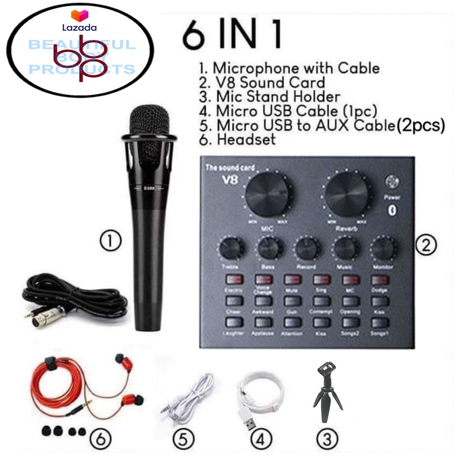 v8 sound card set, mic stand, mic, and headset v8 Microphone Sound Card ...