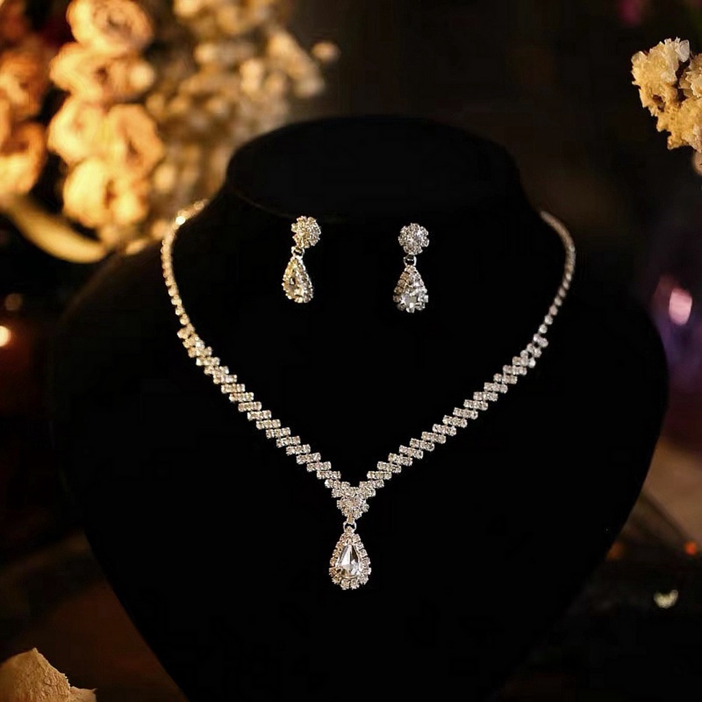 [LK] 1 Set Bridal Necklace Earrings Water Drop-shaped Rhinestone ...