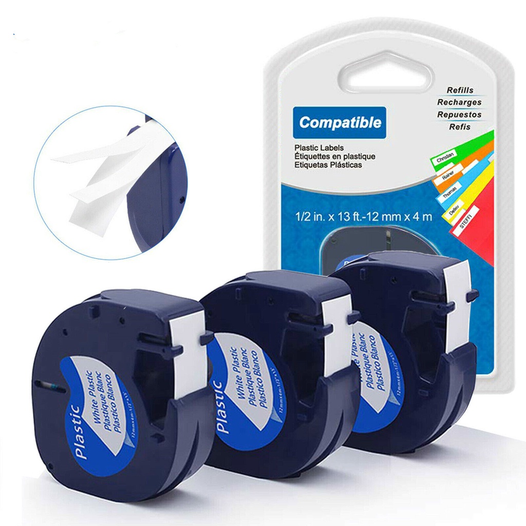 Itari 3PCS Replace Dymo Letratag Plastic Label Tape White 12mm x 4m Rolls (Black on White ...