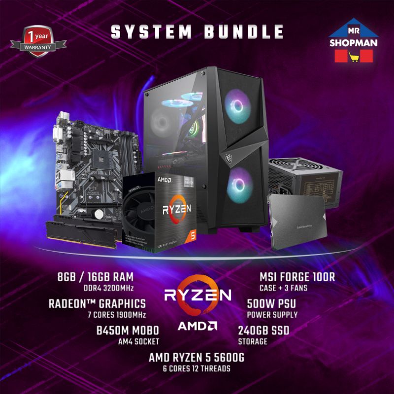 AMD Ryzen 5 5600G w/ B450M Motherboard Desktop Computer PC Build System ...