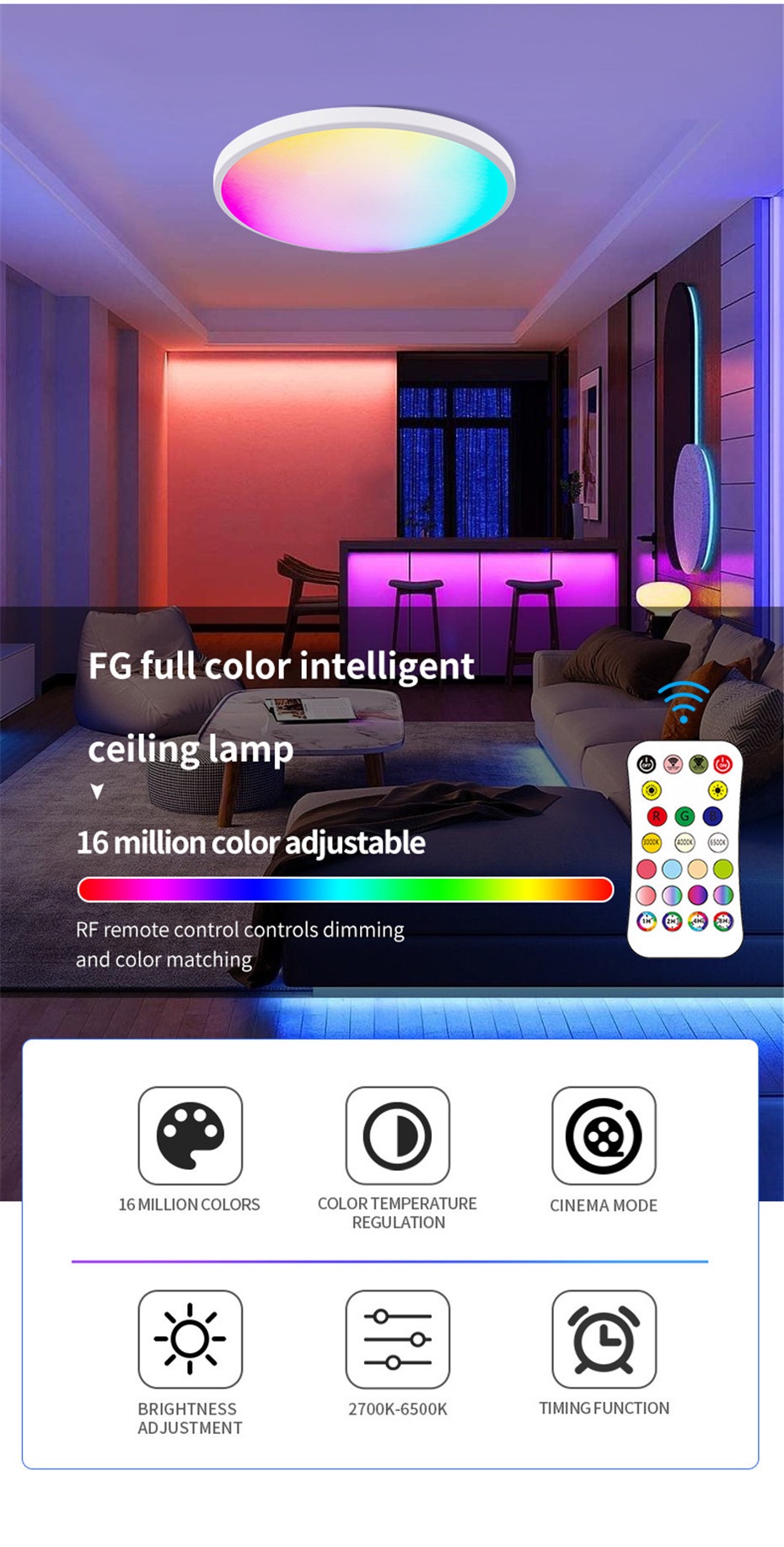 RGBCW LED Ceiling Light 24W Room Lights Ceiling with Remote Control ...