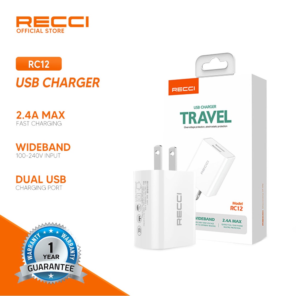 Recci RC12 2.1A Max Fast Charging, Wideband 100-240V Input, Dual USB ...