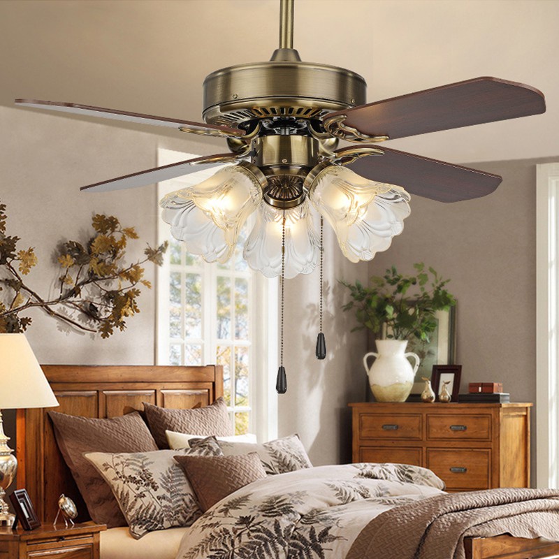 American retro Ceiling fan decoration solid wood blade 3 lights 52 inch ...