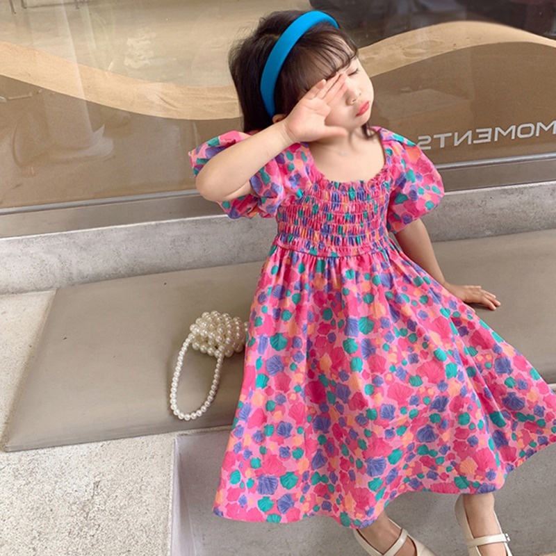 Baby Girls Dresses Kids Girl Floral Print Waist Puffy Princess Dress ...