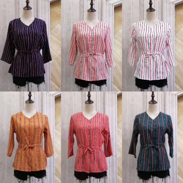 New arrivals stripe 3/4 sleeve blouse with tie | Shopee Philippines