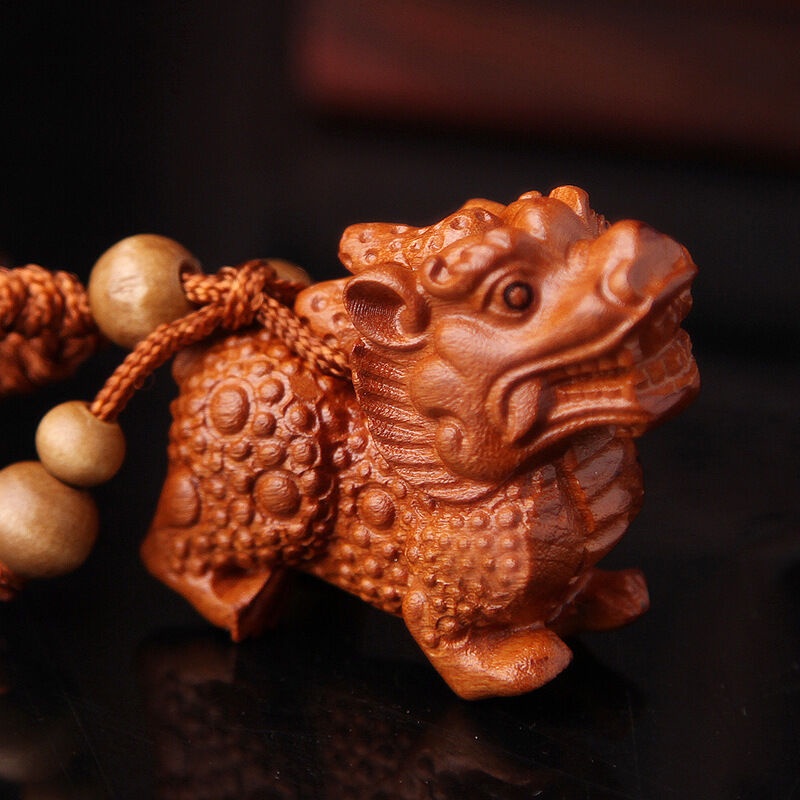 Wood 3D Carving Chinese Wealth Pixiu Pi Yao Statue Sculpture Keyring ...