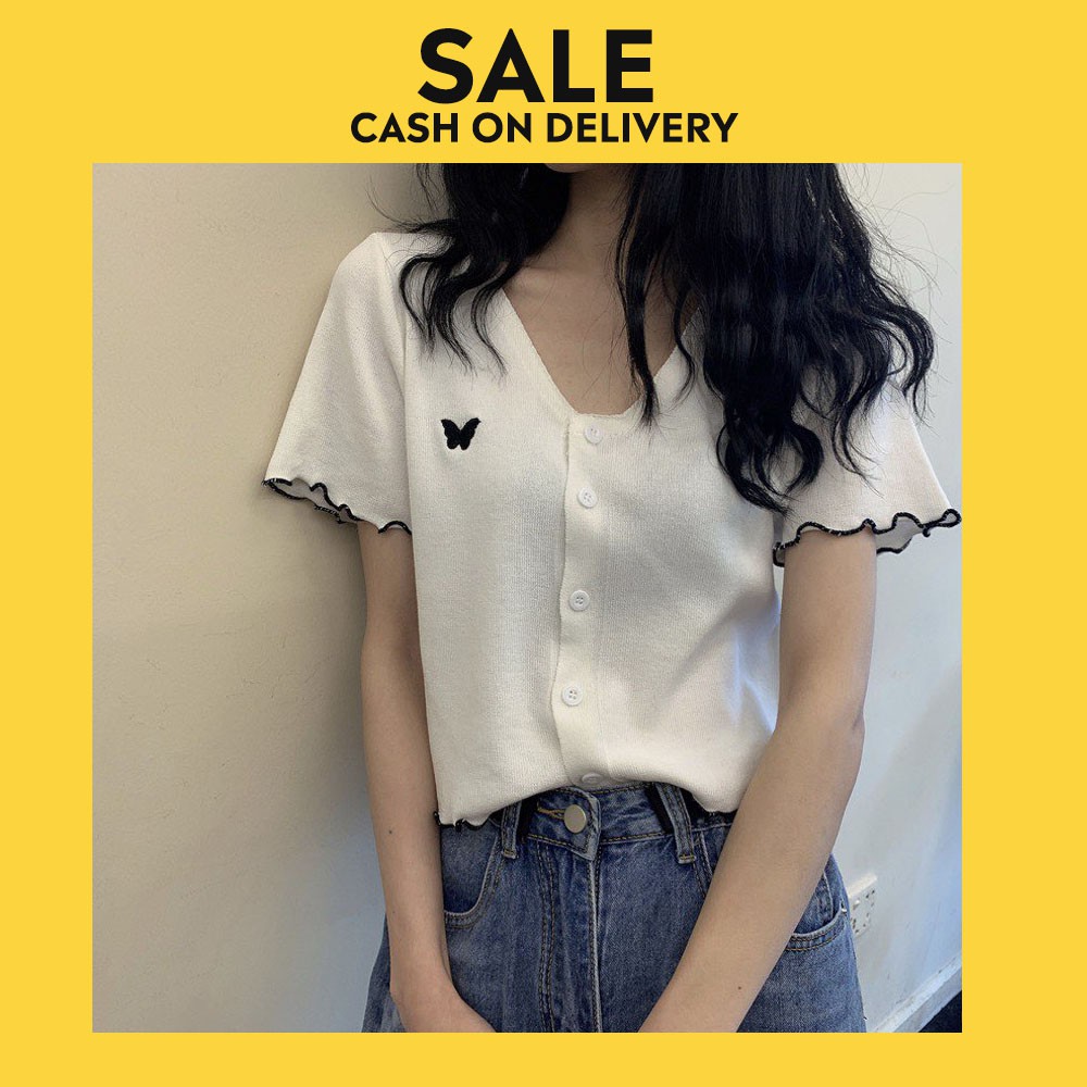Korean Butterfly Knitted Short Sleeve Cropped Top | Shopee Philippines