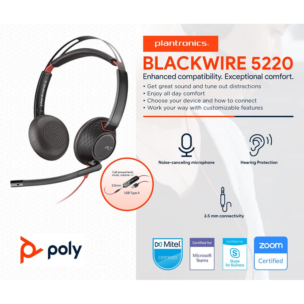 Plantronics PolyBlackwire 5220 USB-A Noise Cancelling Stereo Headset ...