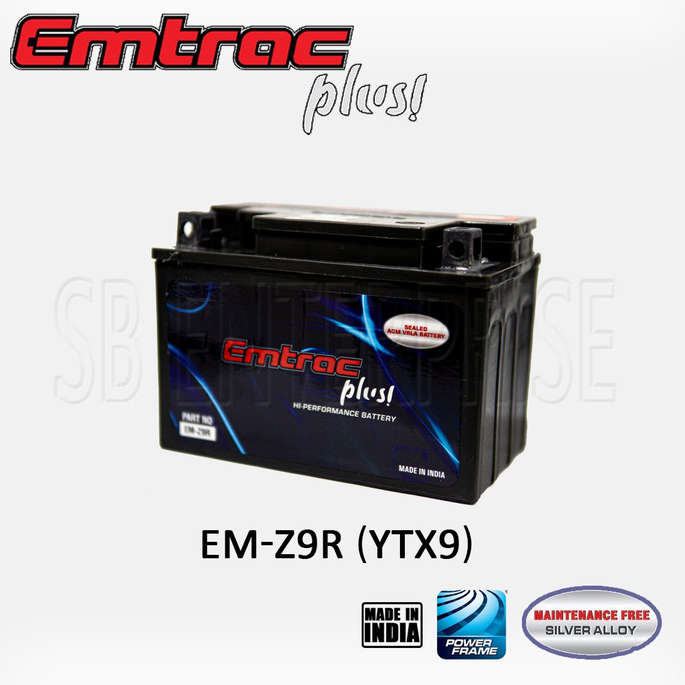 EMTRAC Plus EM-Z9R (YTX9) AGM VRLA Maintenance Free Motorcycle Battery ...
