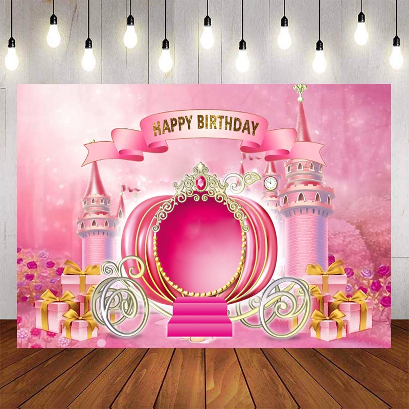 Hot Pink Princess Carriage Backdrops Cartoon For Girls Birthday Party ...