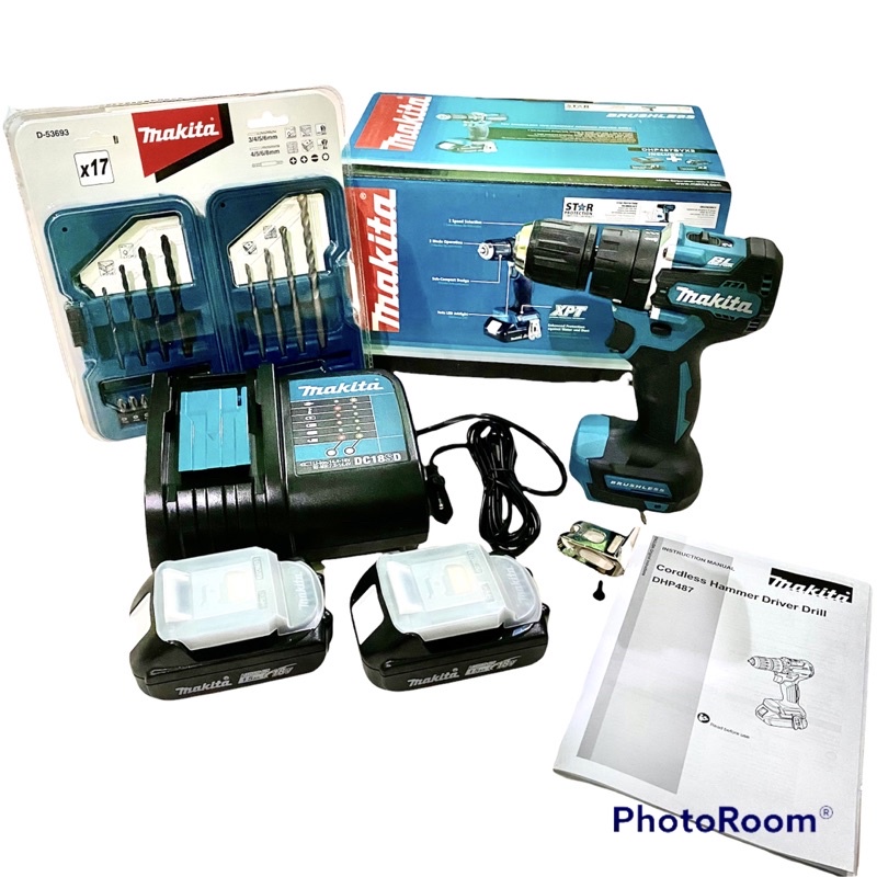 ORIGINAL Makita DHP487 BRUSHLESS Cordless Hammer Driver Drill 18V LXT with 17pcs Accessory Bit ...