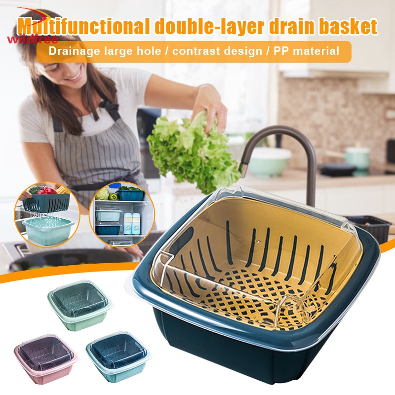 Multifunction Double Layer Drain Basket With Lid Plastic Fruit Storage