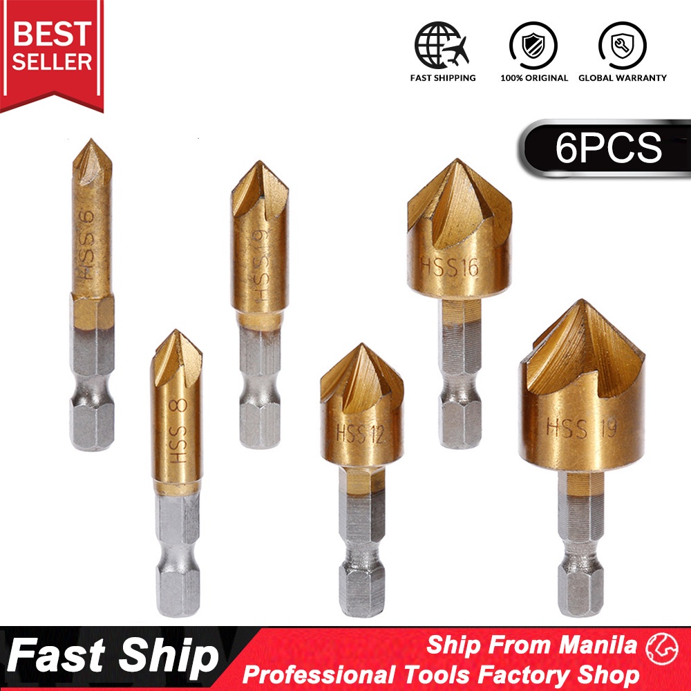6pcs 5 Flute Countersink Drill Bits Set Counter Sink Chamfer Cutter 1/4 ...
