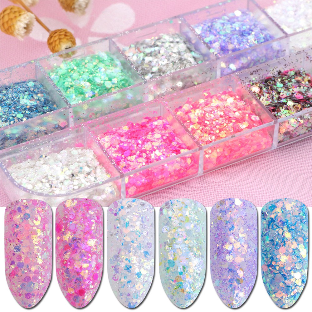 Mixed Hexagon 12 Color Nail Dust Sets Holo Glitter Mermaid Sequins ...