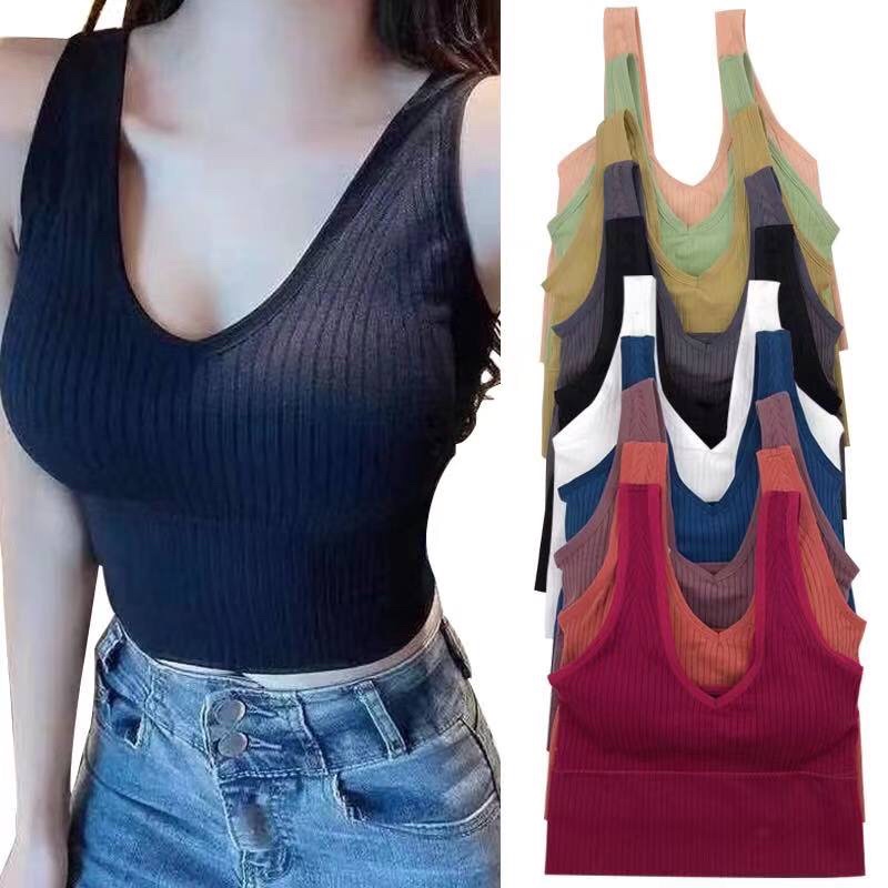 PinSan Korean Style Rib Knit Sando Crop Top Smocked Back Padded ...