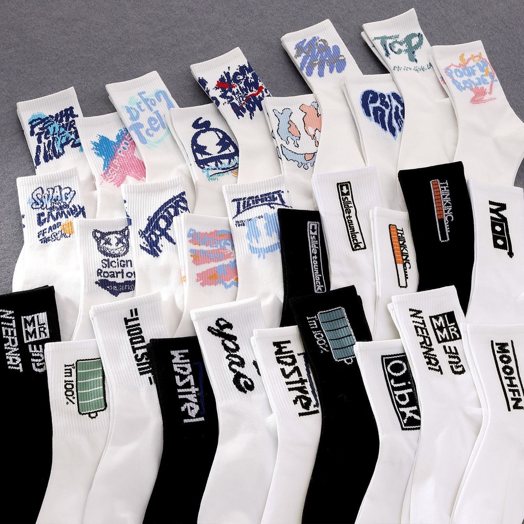 Men Socks White Iconic Socks Casual Cotton Personality Sports Mid Tube ...