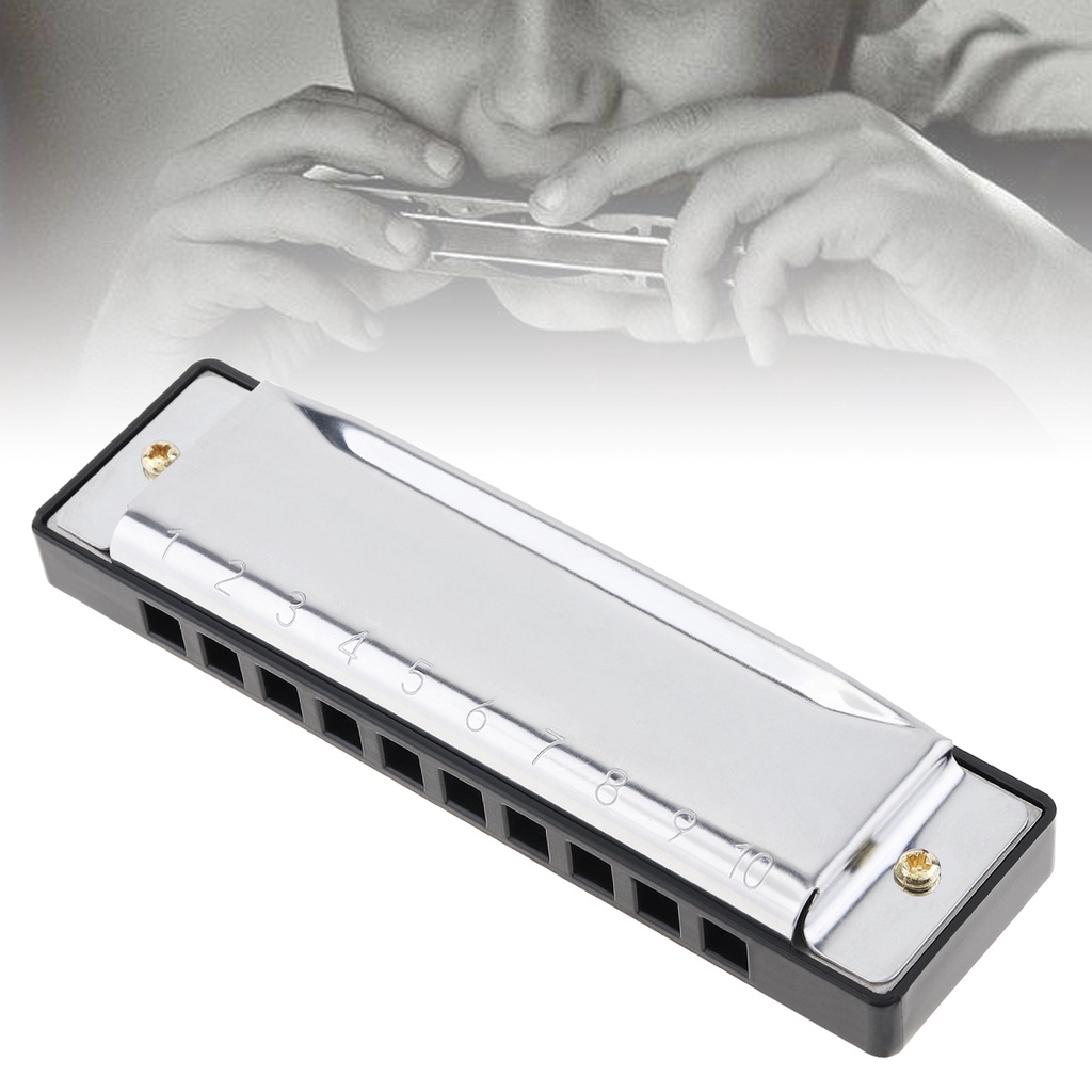 10 Holes Blues Harmonica Silver Musical Instrument Stainless Steel ...