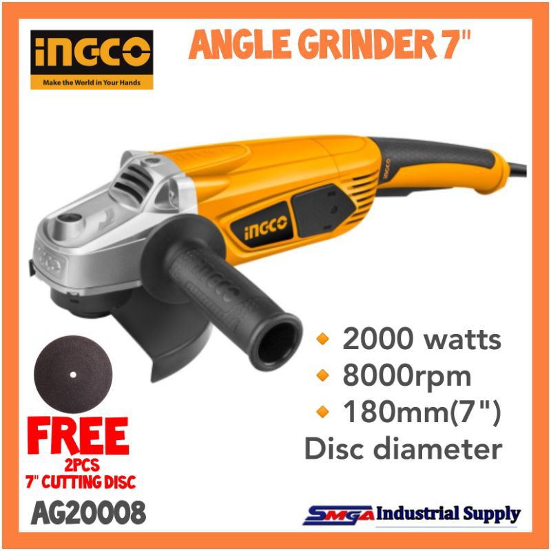 Ingco Angle Grinder 7" AG200018 2000WATTS (free 2pc 7" Cutting disc ...