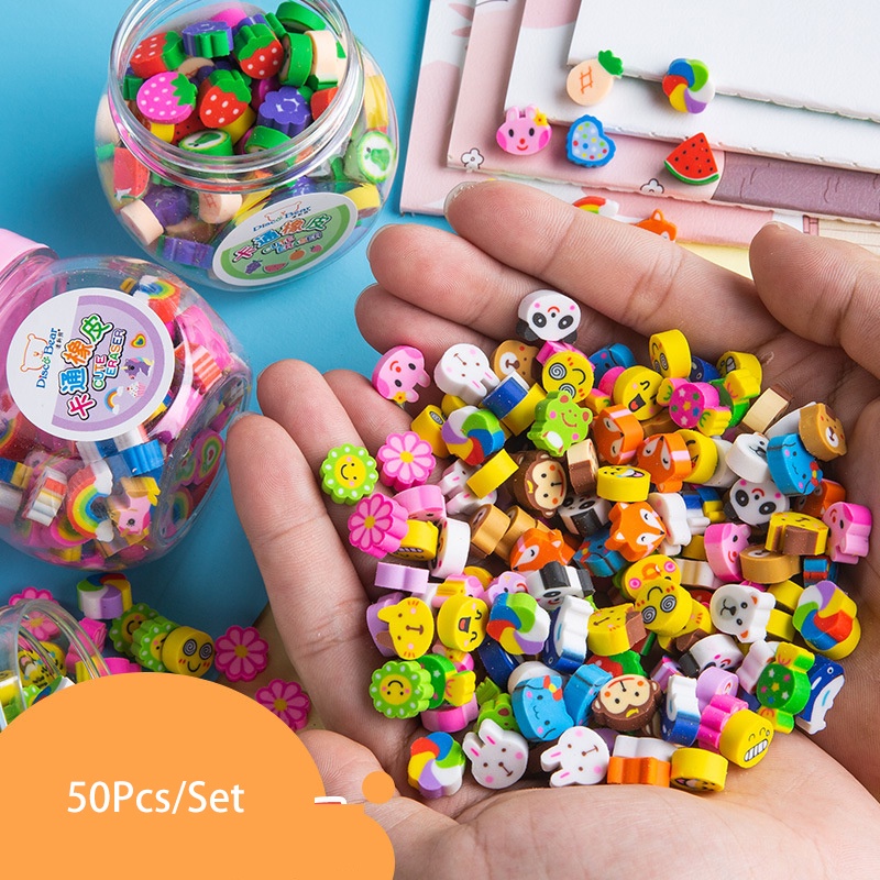 50pcs/set Cute Rubber Eraser Creative Animal Fruit Pencil Erasers Mini ...