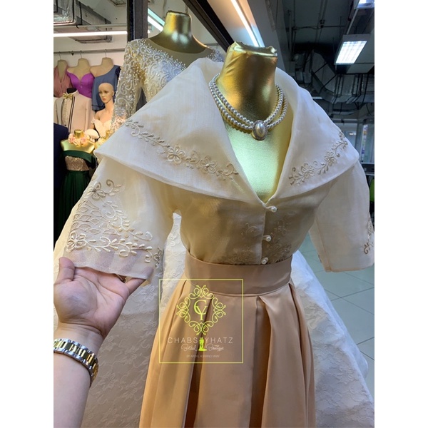 Modern Filipiniana Maria Clara top with beige skirt presyo ₱2,299
