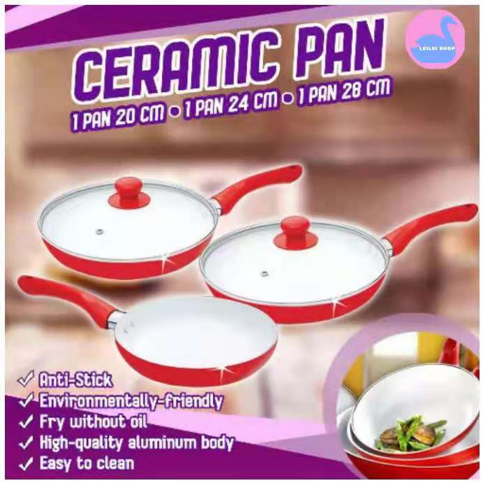 Ceramic Frying Pans Set of 5 with 2 Glass Cover/Red Ceramic Pan/5 in 1 ...