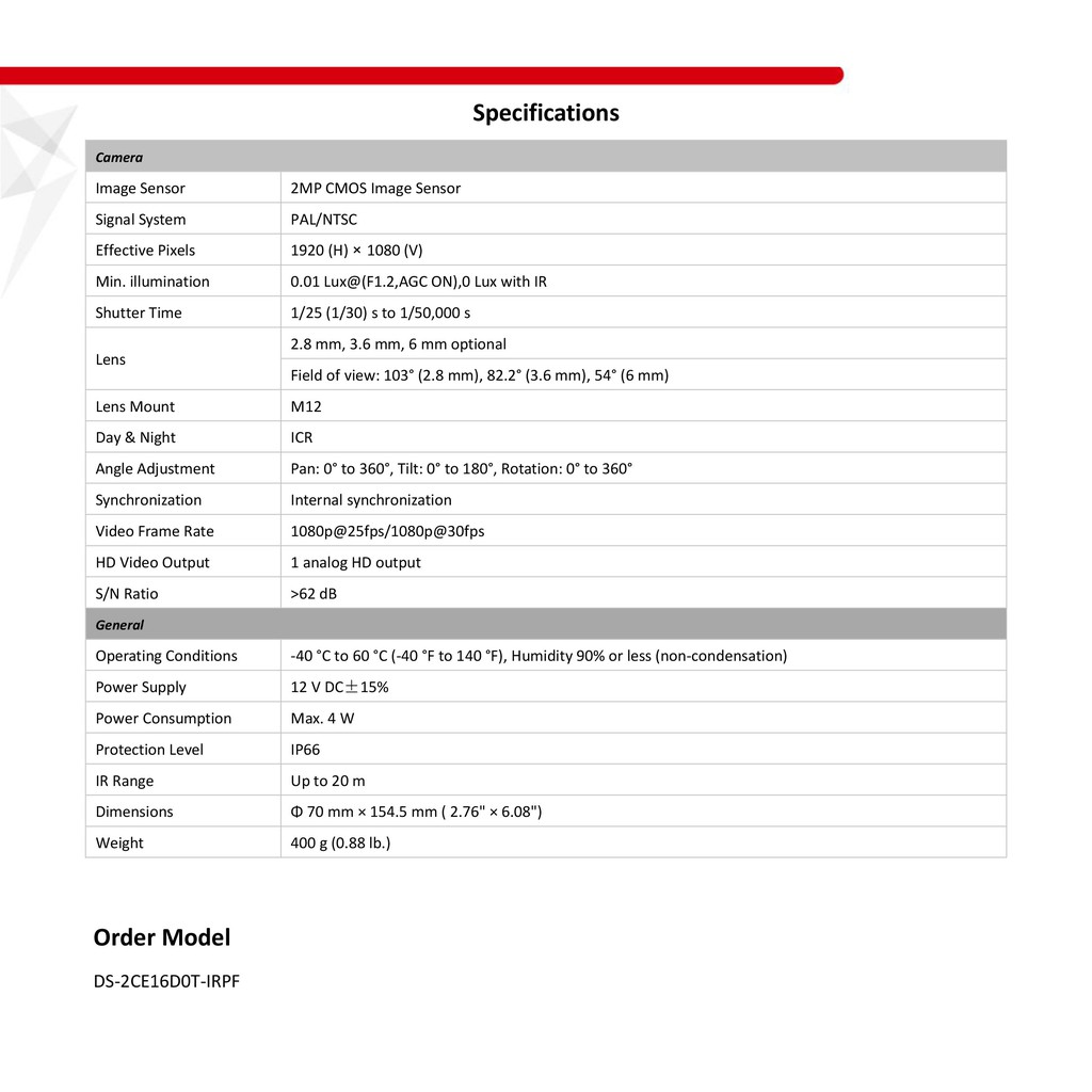 DS-2CE16D0T-IRPF(C)(3.6) HIKVISION HD1080P 2MP FF3.6mm IR20m IP66 ...
