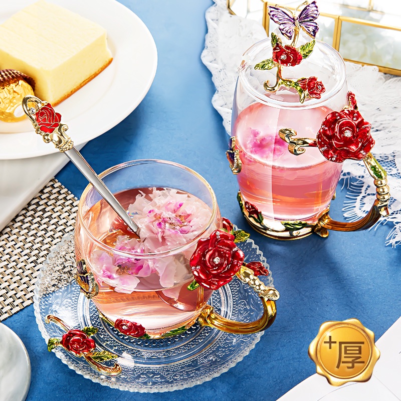 Rose Butterfly Tea Cup (200ml-400ml), Short, Tall, Glass, Decorated ...