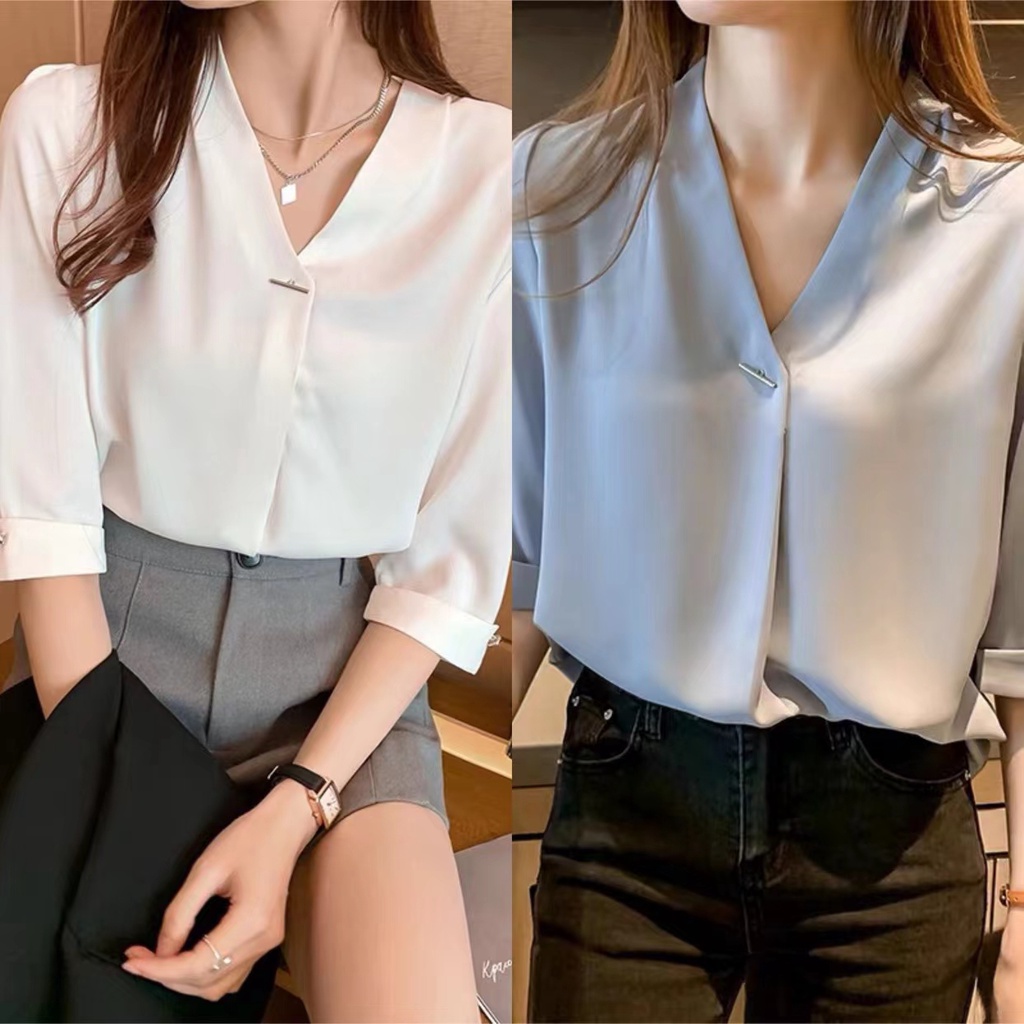 【STOCK+COD】V-neck Chiffon Women's Shirt Loose Plus Size office Blouse ...