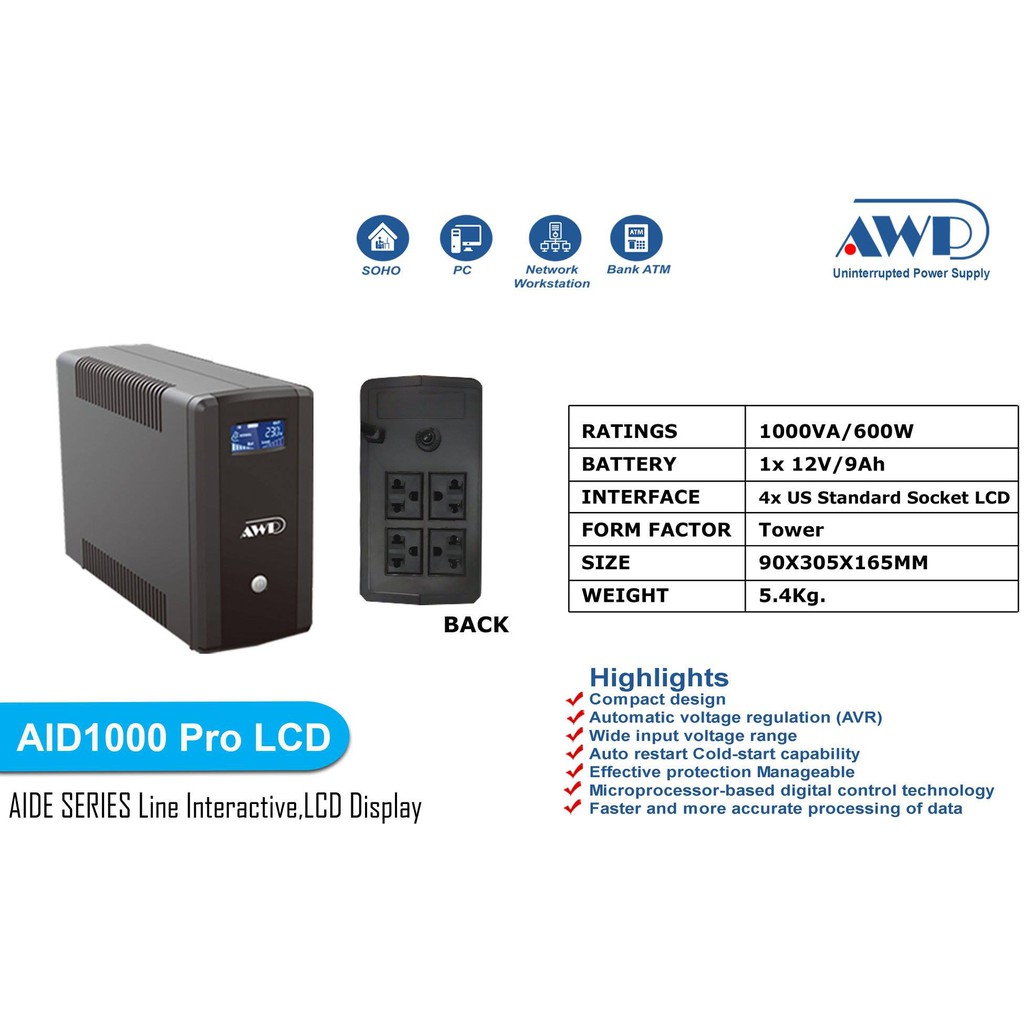AWP AID1000 Pro LCD 1000VA / 600W Aide Series UPS | Shopee Philippines