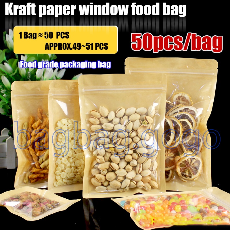 50pcs Brown Kraft paper is half transparent Stand Up Pouch Plastic ...
