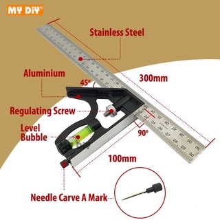 Arrow Stainless Steel Combination Square Ruler Level Gauge Angle Metric ...